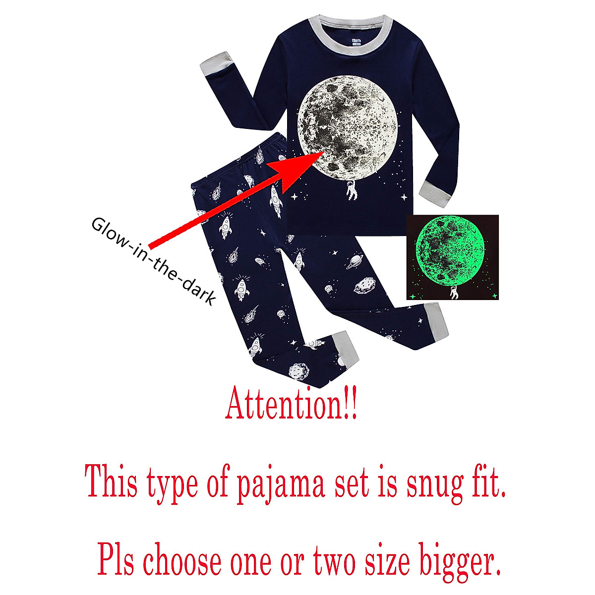 KikizYe Little Boys Glow in the Dark Moon Space Long Sleeve Pajamas 100% Cotton Sleepwear Size 6