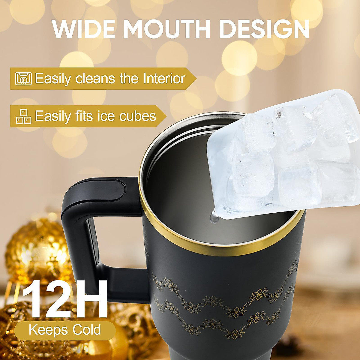 KEWIXY 40 oz Tumbler With Handle and Straw, Gloss Insulated Travel Tumbler, Fits in Cup Holder, Travel Coffee Mug with Lid, Included Leak Proof Straw Cover -Flower Surge