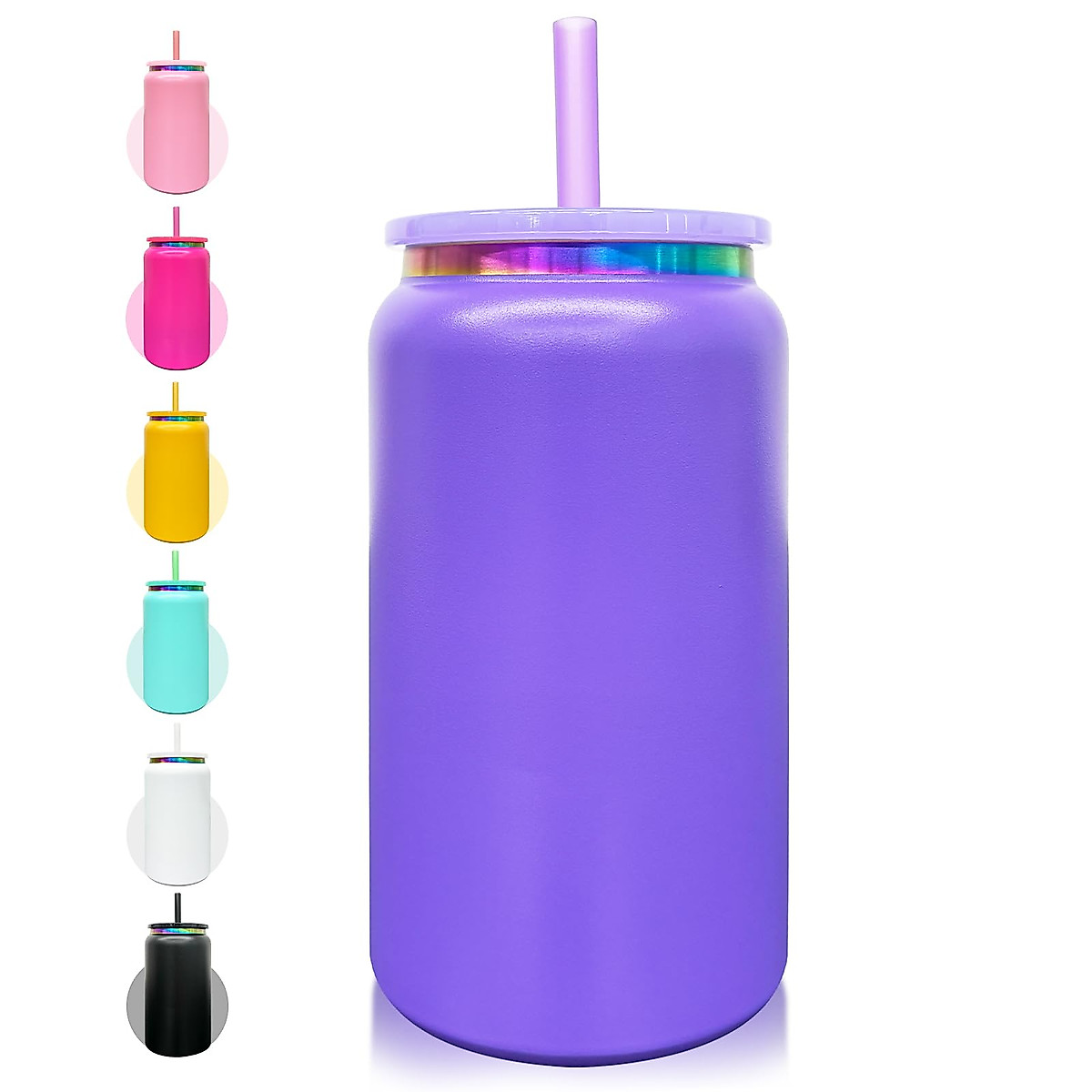 Glass Cups with Lids and Straws, 16 oz Stainless Steel Cups, Insulated Skinny Tumbler, Powder Coated Travel Mugs for Laser Engrave, Iced Coffee Cup for Smoothie Water DIY Gift (Purple,1 pack)