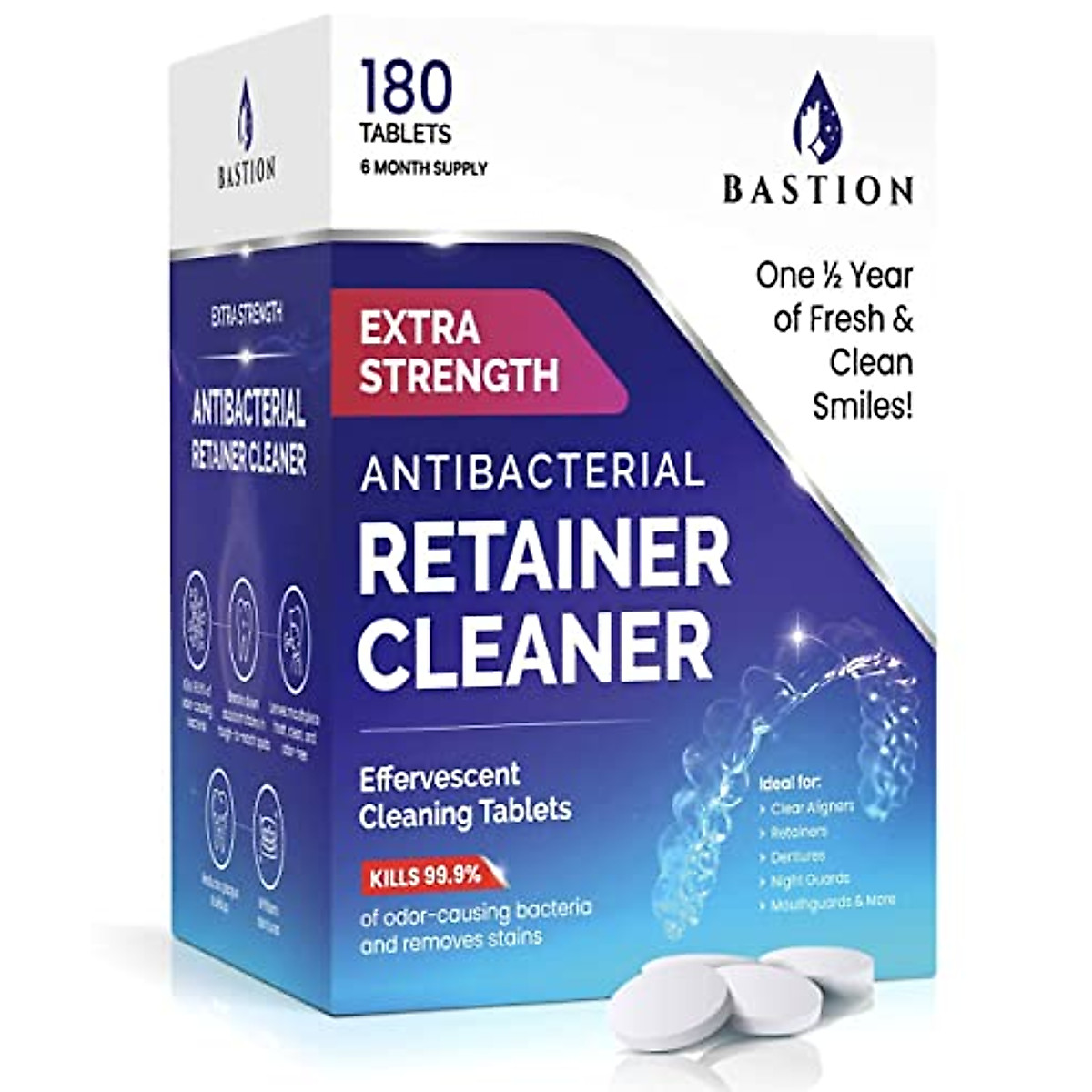 Retainer Cleaner & Denture Cleanser - 180 Effervescent Tablets - 6 Month Supply - Removes Stains, Discoloration, Odors, & Plaque - Clear Aligners, Mouth & Night Guard, All Dental/Oral Appliances