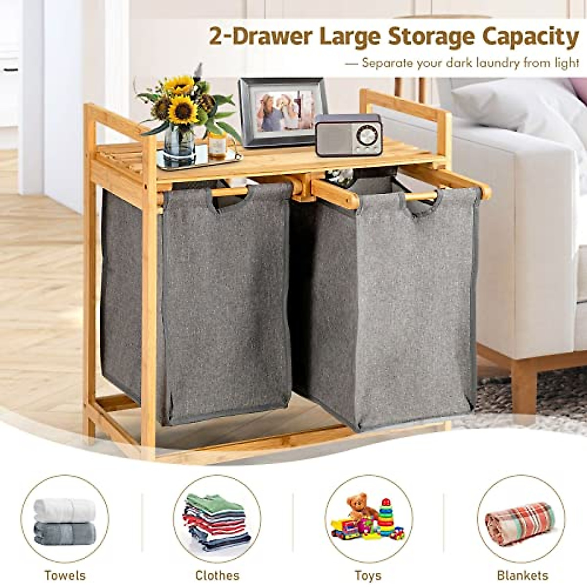 Bamboo Laundry Hamper with Dual Compartments Laundry Sorter and Sliding Bagswith Removable Sliding Bags & Shelf – Wooden Bamboo Laundry Organizer Cabinet for Bathroom (HOOYA1297)