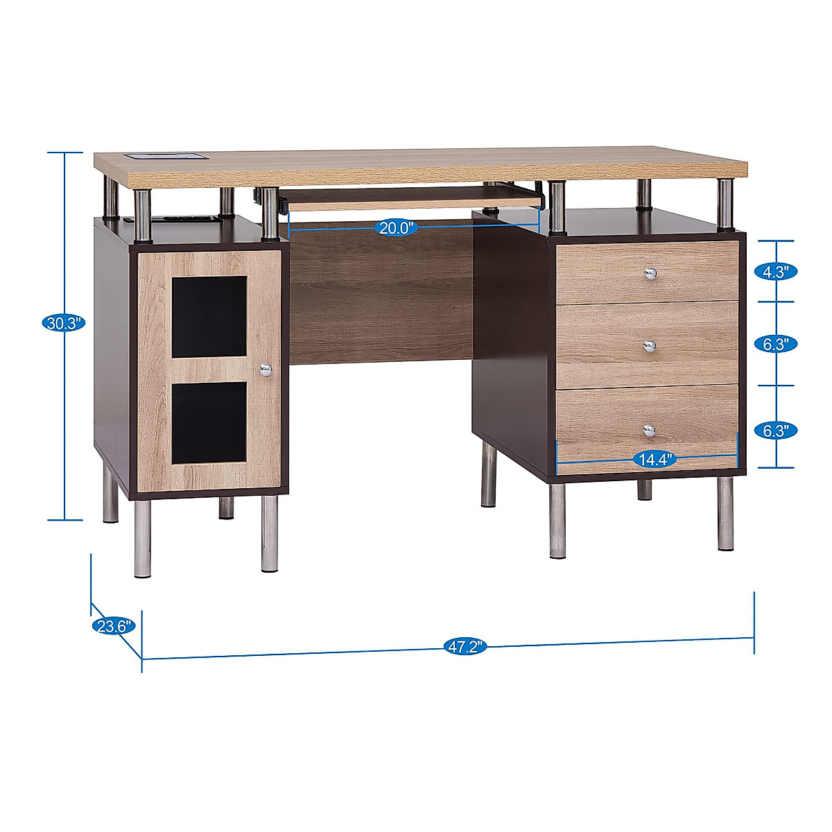 Naomi Home 3-Drawer File Cabinet Office Computer Writing Desk with Keyboard Tray, Two-Tone Desk with Power Outlets, USB Ports Station, Metal Legs - Espresso, Natural