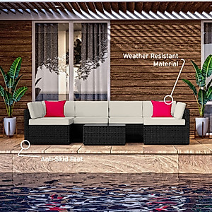 Nestl Patio Furniture Set – Outside Furniture Patio Set, 7 Piece Outdoor Patio Furniture Sets, Patio Conversation Sets with Patio Sectional, Black Wicker Patio Furniture Sets with Off White Cushions