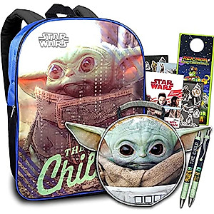 Disney Baby Yoda Backpack with Lunch Box Set - Bundle with 15" Baby Yoda School Backpack, Baby Yoda Lunch Box, Stickers, More | Baby Yoda The Child Backpack for Boys Girls