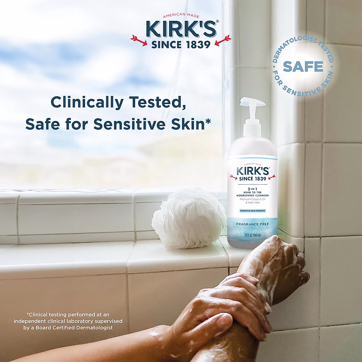 Kirk's 3-in-1 Head to Toe Nourishing Liquid Cleanser- for Men, Women & Children - Premium Coconut Oil & Aloe Vera- Non GMO & Vegan -Fragrance Free - 32 Fl Oz.