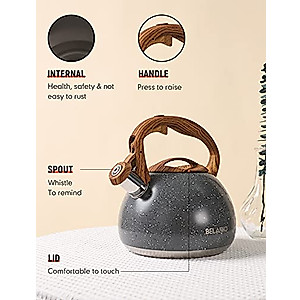 Tea Kettle, 2.7 Quart BELANKO Teapot for Stovetops Wood Pattern Handle with Loud Whistle Food Grade Stainless Steel Tea Pot Water Kettle - Gray