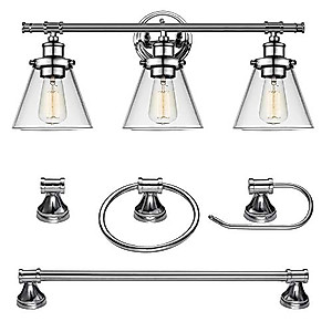 Globe Electric 51234 5-Piece All-in-One Bathroom Accessory Set, with Vanity, Chrome, 3-Light Vanity Light, Clear Glass Shades, Towel Bar, Towel Ring, Robe Hook, Toilet Paper Holder, Makeup Lighting
