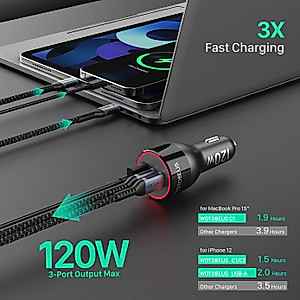 WOTOBEUS 120W USB C Car Charger Adapter with Dynamic LED Display - PD3.0 100W & PPS 45W QC5 Super Fast Charging, Fit for iPhone 16 15 14, iPad, MacBook, Samsung Galaxy S24 S23, Pixel, Type-C Laptops