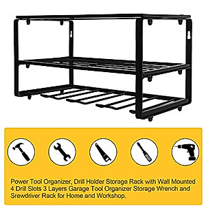Power Tool Organizer, Drill Holder Storage Rack with Wall Mounted 4 Drill Slots 3 Layers Garage Tool Organizer Storage Wrench and Srewdriver Rack for Home and Workshop