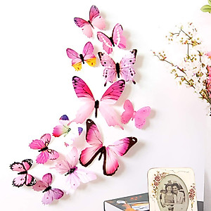 JYPHM 24PCS 3D Butterfly Wall Decal Removable Stickers Decor for Kids Room Decoration Home and Bedroom Art Mural Pink
