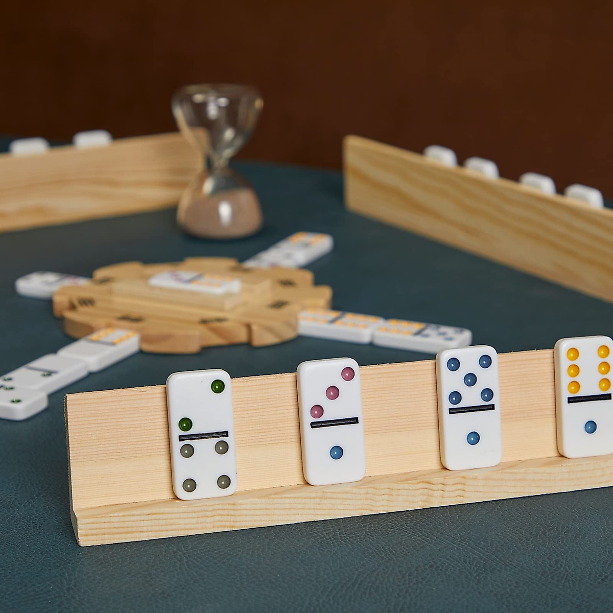 Juvale 4 Pack Domino Holder 13 inches, Wooden Dominoes Racks Trays Stand for Domino Table, Mexican Train, Chicken Foot, Mahjong Game