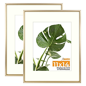 AUEAR, 11x14 Gold Frames - Aluminum - Real Glass - Made to Display Pictures 8x10 with Ivory Color Mat Horizontal and Vertical Formats for Wall (2 Pack)