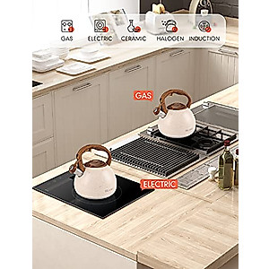 Tea Kettle, 2.7 Quart BELANKO Teapot for Stovetops Wood Pattern Handle with Loud Whistle Food Grade Stainless Steel Tea Pot Water Kettle - Cream White