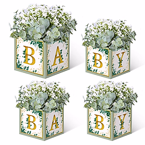 GOGOPARTY Sage Green Baby Shower Boxes, 4PCS Sage Green Gender Reveal Party Supplies Sage Green Party Centerpiece for Sage Green Baby Shower First Birthday Decorations (Without Flowers)