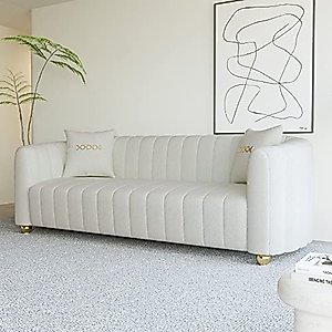 Lkvkvri 83 inch White Velvet Couch Wide Modern Loveseat Chesterfield 3-Seat Couch Sofa 750 lbs Weight Capacity with 2 Throw Pillows for Living Room