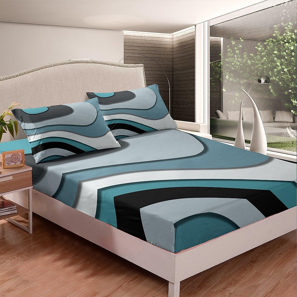 Abstract Sea Wave Bed Sheets Set Full Size, Royal Blue White and Grey Swirls Fitted Sheet, Modern Turquoise Decor Sheets, Geometric Striped Bedding Set Chic All Season Bedroom Decor, 3Pcs