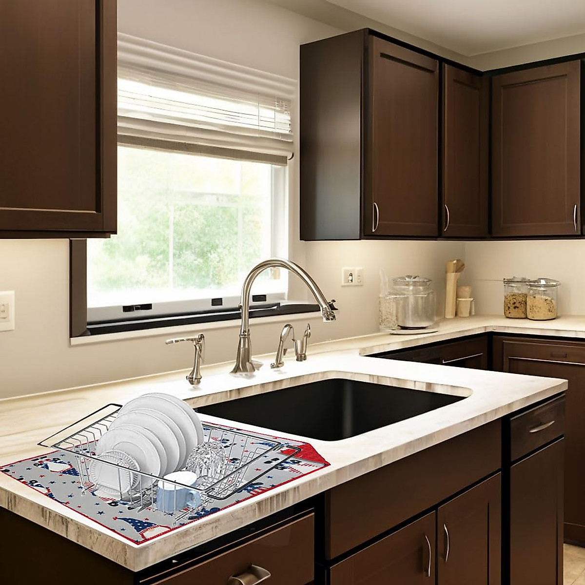 Patriotic Gnome Dish Drying Mat Reversible Absorbent Kitchen Dry Pad July 4 Home Decor 15 x 20 inch