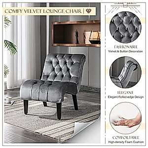 Velvet Accent Lounge Chair for Living Room, Modern Leisure Chair with Tufted Backrest, Indoor Armless Side Chair, Upholstered Bedroom Sleeper Chair with Solid Wood Legs, Grey