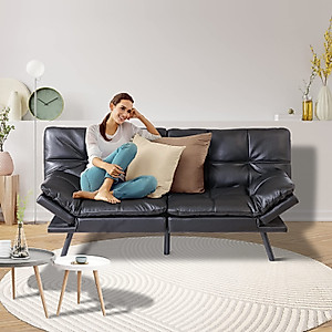 MUUEGM Futon Sofa Bed Faux Leather Futon Convertible Sofa Futon Couch Bed,Memory Foam Futon Sleeper Sofa Bed,Modern Loveseat Sofa,Adjustable Armrest&Backrest Futon Sets for Living Room,Offices,Black