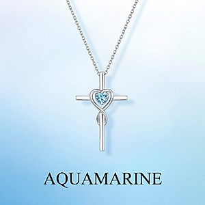 FANCIME Aquamarine Cross Necklace For Women Sterling Silver Birthstone Necklace Aquamarine Heart Cross Pendant March Birthstone Jewelry Gifts Valentines Day Gifts for Women