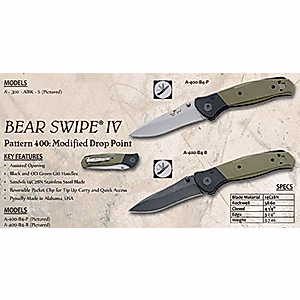 Bear OPS Bear Swipe IV, 3-1/4-inch Black Blade, 14C28N Sandvik Stainless Steel, OD Green G10 Handle, Assisted Opening with Reversible Pocket Clip (A-400-B4-B)