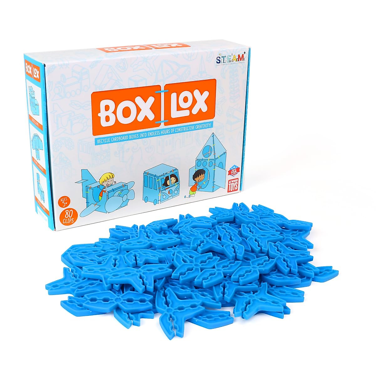 Atwood Toys Box Lox 80 pcs Creative Cardboard Building kit - Construction Toys for Girls and Boys Educational STEM Building Alternative to Building Blocks Toy (Blue)