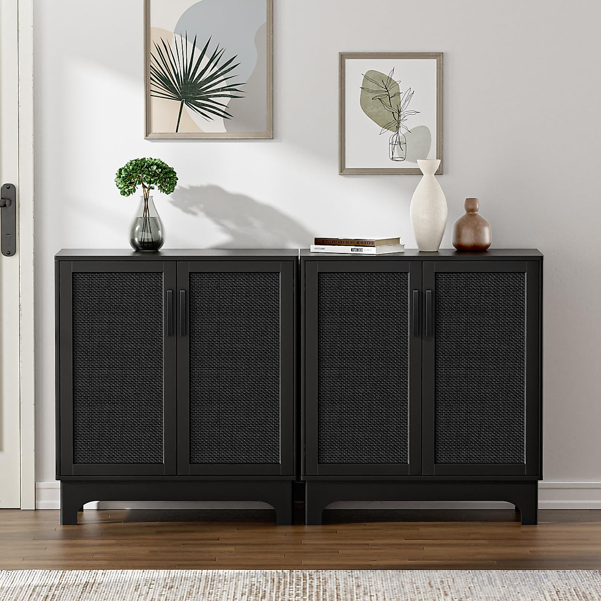 Anmytek Black Rattan Storage Cabinet with 2 Doors, Adjustable Shelf, Large Space - Entryway Hallway Cabinet, Sideboard Buffet for Living Room, Kitchen H0095