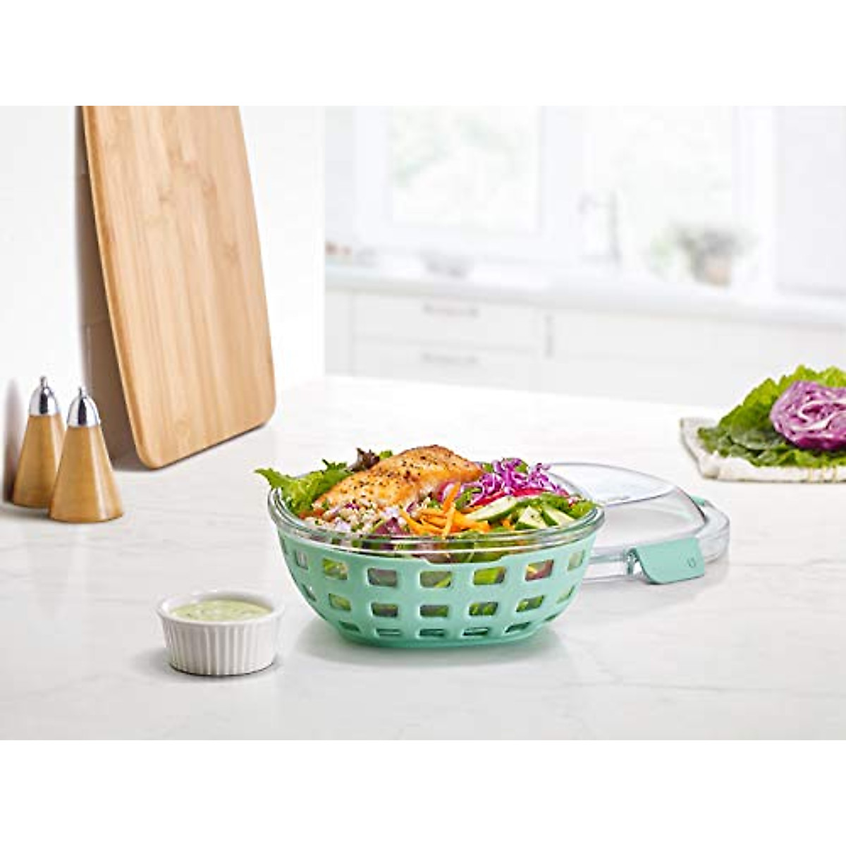 Ello Duraglass Baking Dish, 9x13-3Qt, Tropical Violet & DuraGlass Food Storage Glass Lunch Bowl - Meal Prep Container with Silicone Sleeve and Airtight Lid, 5 Cup, Yucca