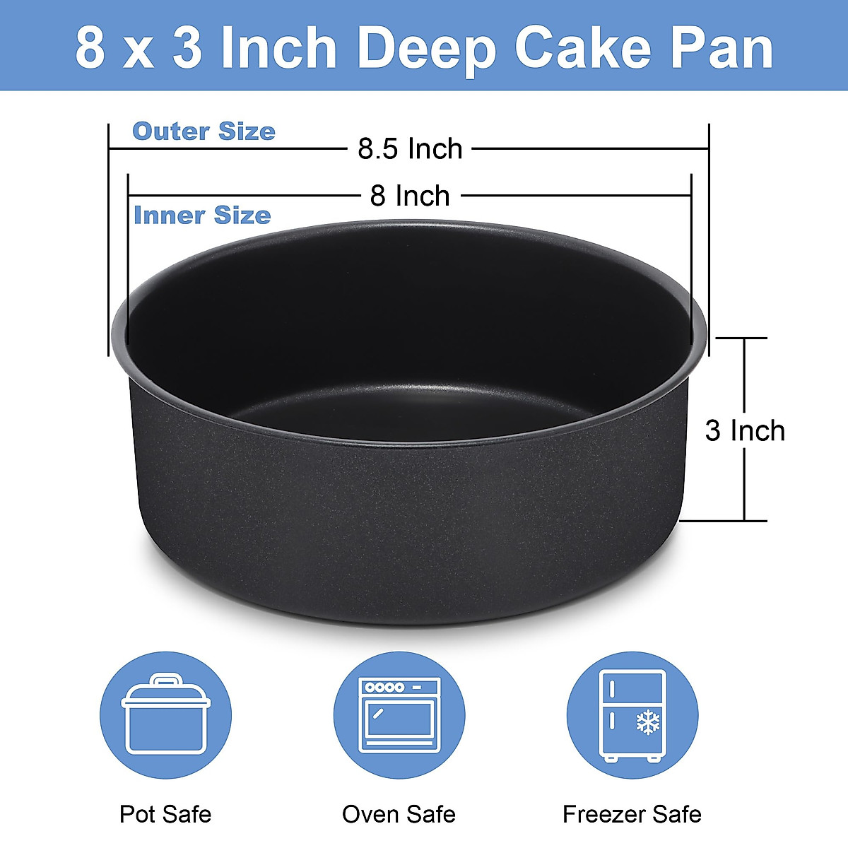 TeamFar 8 x 3 Inch Cake Pan Set, 2 PCS Stainless Steel Black Non-Stick Coating Baking Round Cake Pan for Birthday Wedding Layer Cakes, Non-Toxic & Anti-Rust, One-Piece Design & Heavy Duty