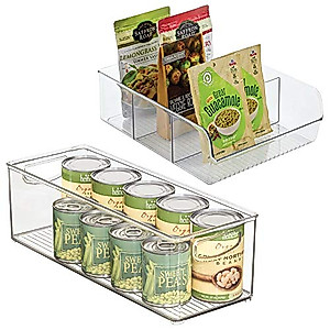 mDesign Kitchen Plastic Storage Organizer Combo Set of 2 Bins - For Kitchen, Pantry, Cabinet, Fridge/Freezer for Organizing Snacks, Produce, Vegetables, Pasta Food, 2 Piece Set - Clear