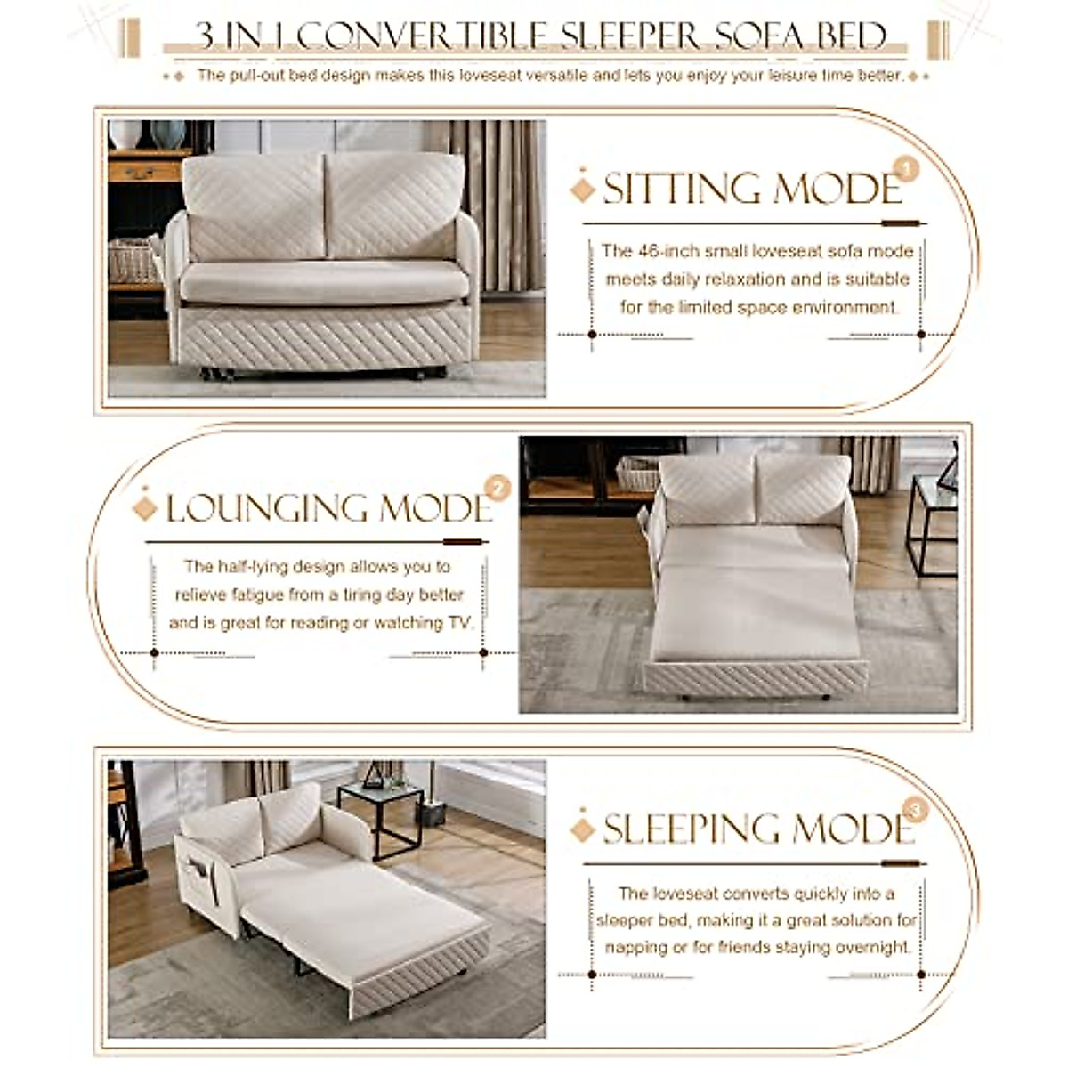 KINFFICT Pull Out Futon Sofa Bed, Convertible Small Loveseat Sleeper with Storage Drawer, 3 in 1 Futon Couch with Removable Pocket and 2 Pillows, Modern Love Seat for Living Room, Guest Room, Beige