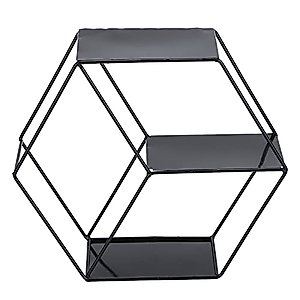 EPMANN Wrought Iron Wall Shelf, Wall Mounted Floating Shelf Hexagonal Shelf Retro Flower Stand Display Stand for Bedroom Living Room Office(Black)