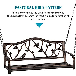 MFSTUDIO 50 Inches Patio Front Porch Swing,Outdoor Iron Metal Swing Chair with Chains,Pastoral Bird Backrest,Steel Hanging Bench Chair for Garden,Yard,Deck-Bronze