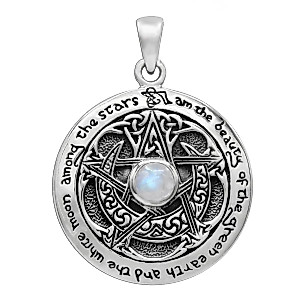 Dryad Design Moon Pentacle Pendant - Rainbow Moonstone Pentagram Sterling Silver Celtic Pagan Jewelry for Men & Women