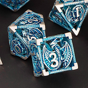 KERWELLSI Hollow Metal DND Dice Set, Dungeons and Dragons Dice Set with Gifts Box, 7pcs D&D Dice Set, Polyhedral Dice Set for RPG Role Playing Game, RPG D and D Dice D20 D12 D10 D8 D6 D4 (Blue)
