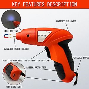 47 Piece Electric Screwdriver DIY Cordless Drill Set 3.6V with LED Light & Rechargeable Lithium Battery Carrying Case and Screw Driver Bits by SAKAKI (Orange)