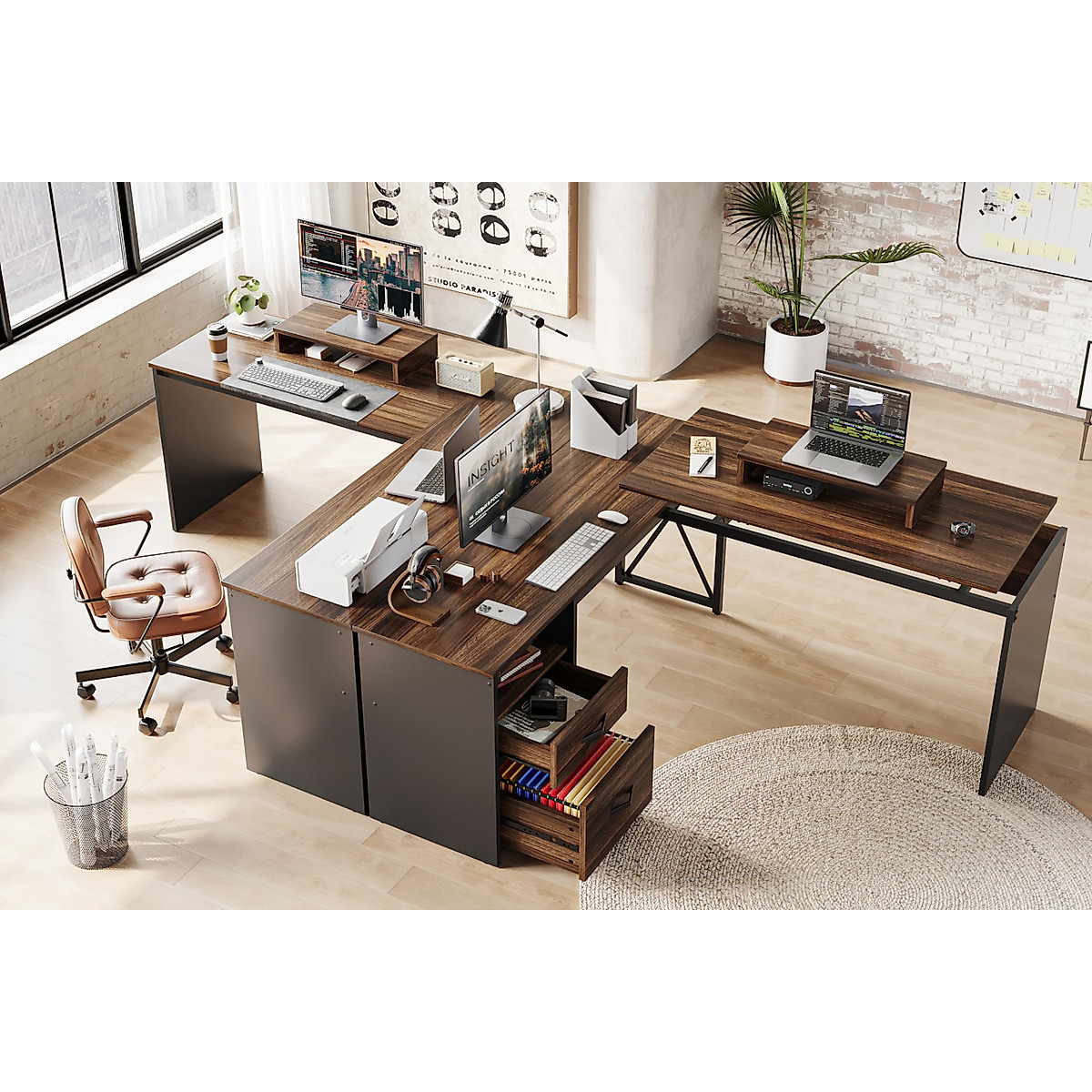 Bestier Lift Top L Shaped Desk with File Drawer, 55'' x 55'' Office Desk with Reversible Storage Drawers, L Shaped Standing Desk with Computer Monitor Stand (Walnut, 55'' x 55'')