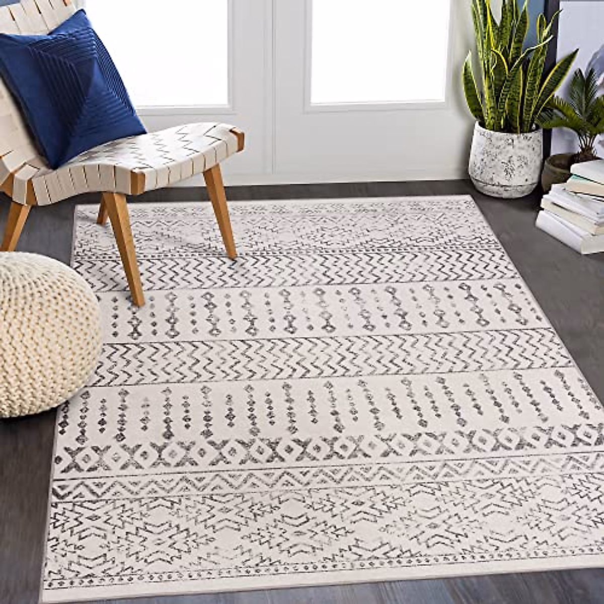 Art&Tuft Area Rug 5x7, Super Soft Ultra-Thin Moroccan Washable Rug, Anti-Slip Backing Rugs for Living Room, Foldable Geometric Machine Washable Area Rug(5'x7', Ivory)