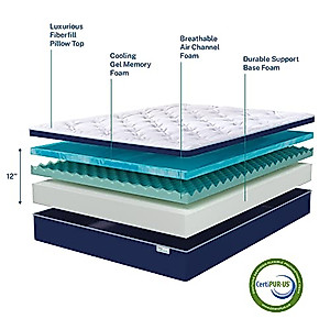 Sleep Innovations Skyler 12 Inch Cooling Gel Memory Foam Mattress with Plush Fiber Fill Pillow Top, Queen Size, Bed in a Box, Soft and Plush Support