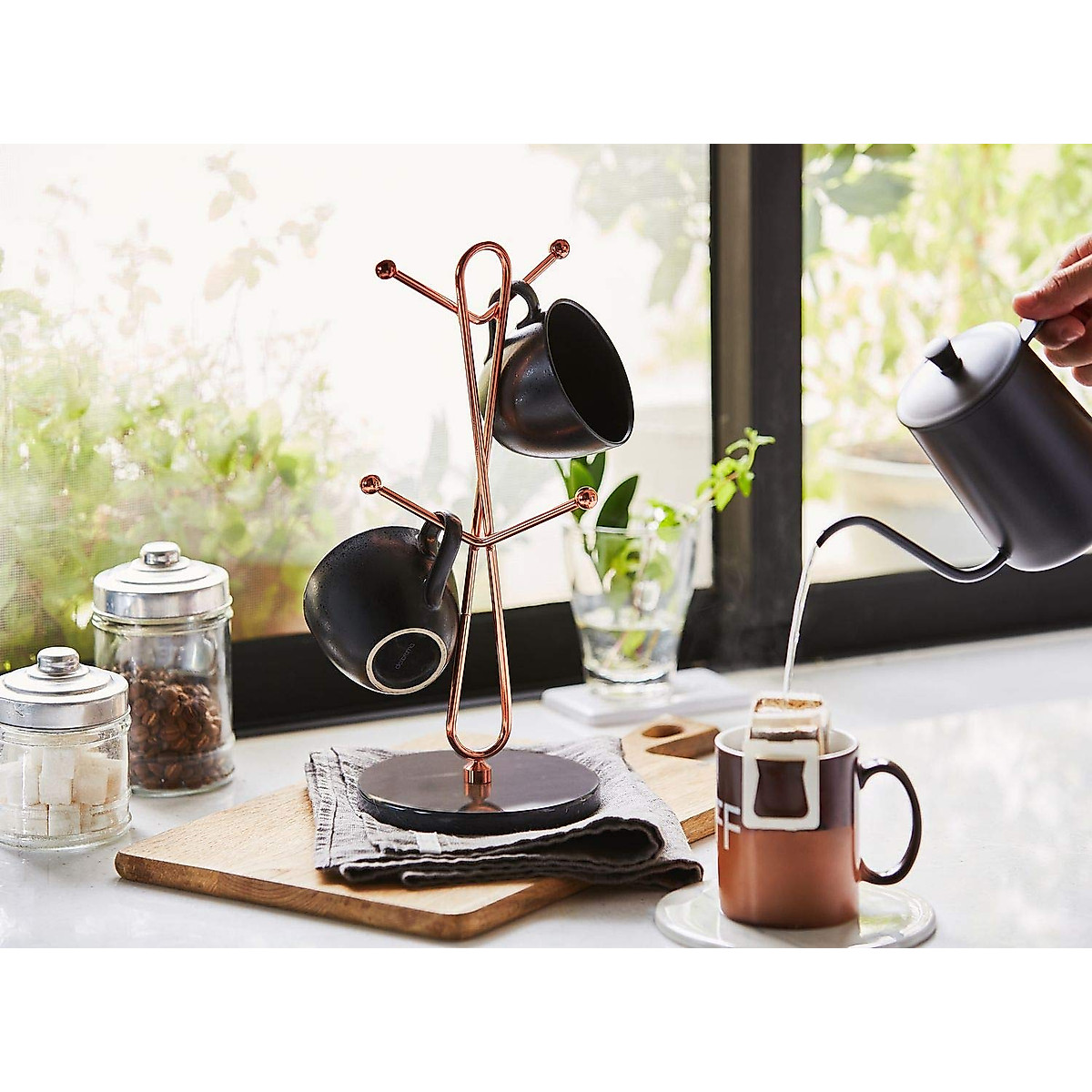 JEmarble Mug Holders with Copper Plated Standing(White) Countertop Mug Tree, Coffee Mugs & Tea Cup Storage Rack, Coffee Counter Bar Accessory & Kitchen Organizer