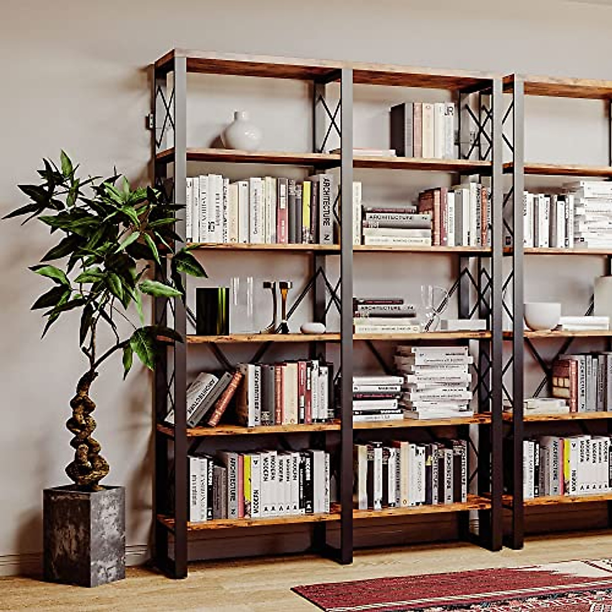 IRONCK Bookshelf Double Wide 6-Tier 76" H, Open Large Bookcase, Industrial Style Shelves, Wood and Metal Bookshelves for Home Office, Easy Assembly