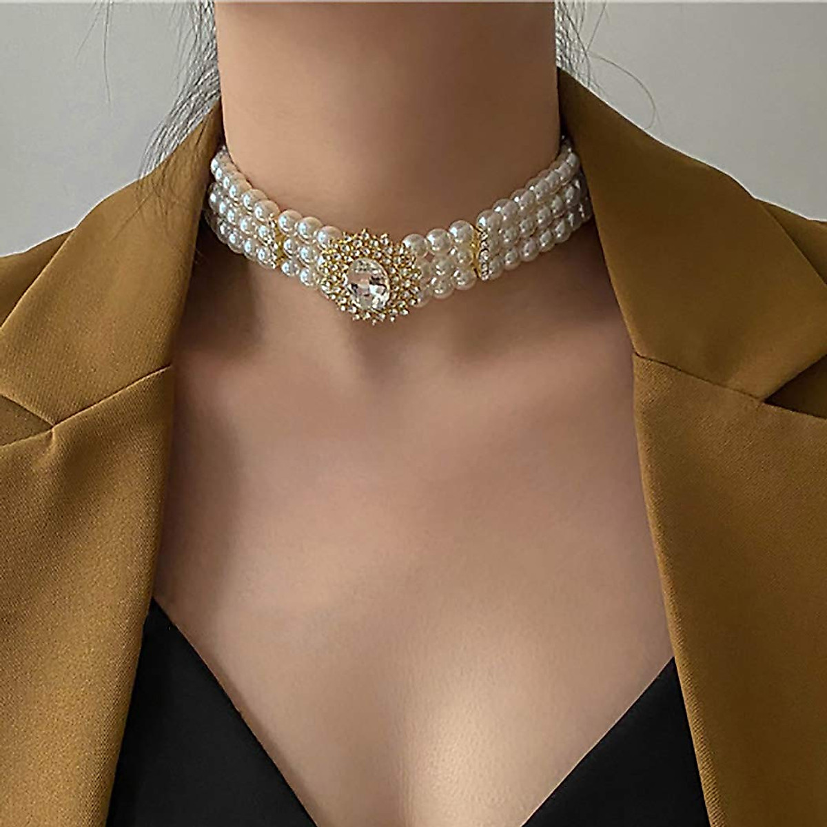 ELABEST Pearl Multi-Row Necklace Sparkly Rhinestone Choker Bling Crystal Layered Chain Dating Birthday Costume Jewelry for Women