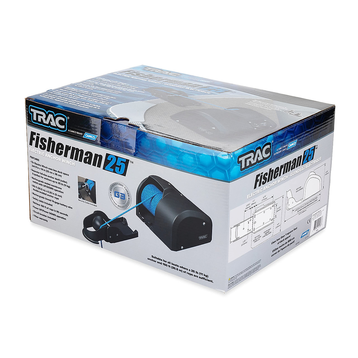 Trac Outdoors Fisherman 25-G3 Electric Anchor Winch - Anchors Up to 25 lb. - Includes 100-feet of Pre-Wound Anchor Rope with Use (69002)