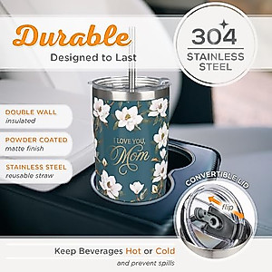 Christian Art Gifts Large Stainless Steel Double Wall Vacuum Insulated Travel Tumbler for Mothers: Love You, Mom, Inspiring Scripture, Hot/Cold, Flip Top Lid, Resusable Straw, Dark Teal Floral, 18 oz.