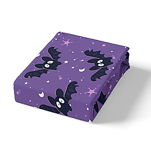 Manfei Kids Happy Halloween Fitted Sheet Twin Size, Black Bats Bedding Set 2pcs for Boys Girls Room Decor, Pink White Stars Moon Bed Cover with 1 Pillowcase, Soft Polyester Bedding