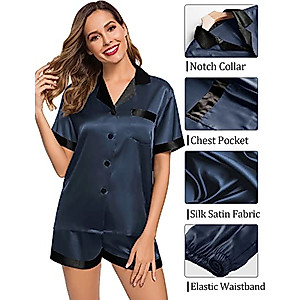 SWOMOG Women's Two Pieces Pajamas Sets Short Sleeve Plus Size Silk Satin Sleepwear Loose PJs Set Loungewear Deep Grey