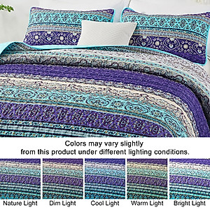 WONGS BEDDING Boho Quilt King Size, Blue Purple Bohemian King Quilt, Lightweight Microfiber Bed Decor Bedspread for All Season 103"x90"(3 Pieces)