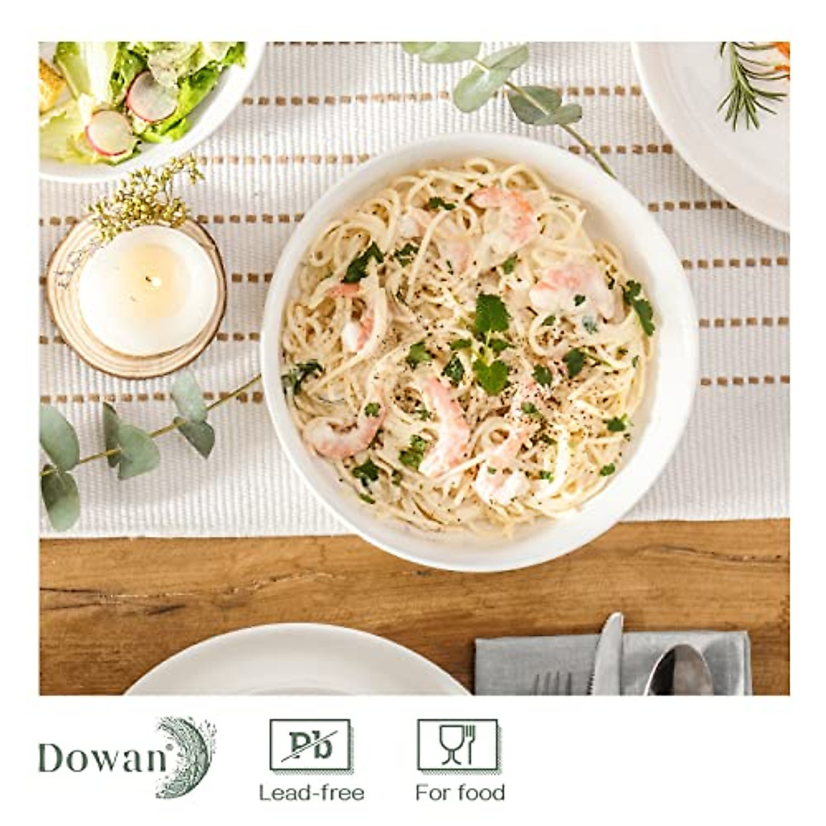 DOWAN Large Pasta Bowls, 46 Ounces Salad Serving Bowls, Ceramic Pasta Bowls Set of 4, Wide and Shallow Bowls Set, 9.2" Soup Pasta Plates, Microwave Dishwasher Safe