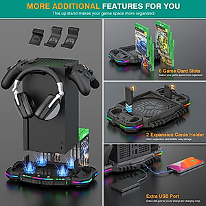 Wiilkac Vertical Cooling Fan Stand and Dual Controller Charging Station for Xbox Series X with RGB Color Lights/USB Ports, 3-Level Fan Cooling System with 2 x 1400 mAh Rechargeable Battery