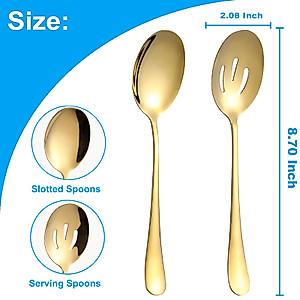 6 Pieces Serving Spoons Set, 8.7 Inch Serving Spoon, Includes 3 Serving Spoons and 3 Slotted Spoons, Stainless Steel Buffet Banquet Spoons, Large Spoons Utensils Cutlery Set for Kitchen, Gold